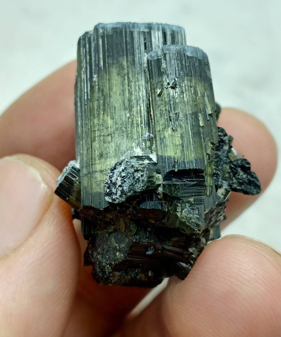 Dark green color Tourmaline crystals cluster with chatoyance effect am ...
